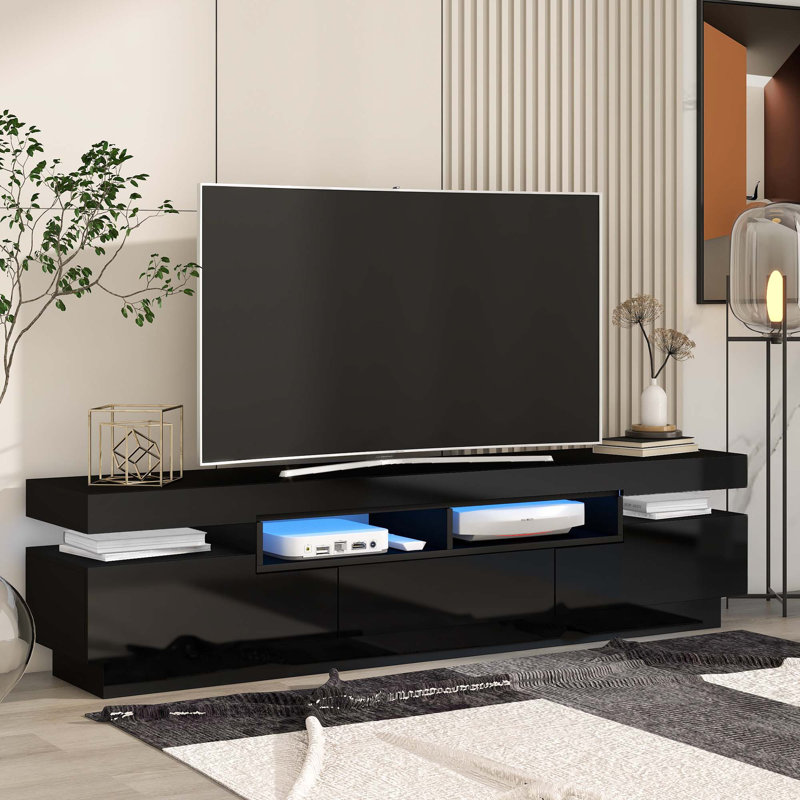 Wrought Studio Modern High Gloss TV Stand With 4 Open Shelves 16 Color RGB LED Color Changing Lights For 75 Inch TV Wayfair